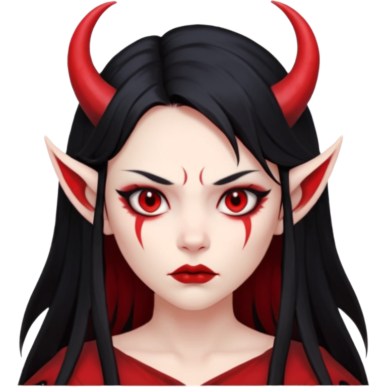 Head only: demon girl, 100% red skin, long black hair, small horns ...