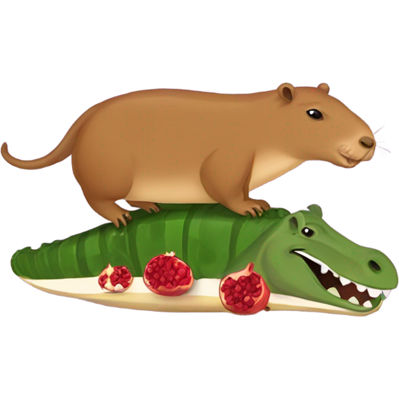 capybara riding an alligator eating a pomegranate Sticker