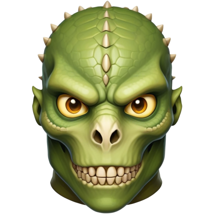The face of a monstrous, reptilian human fighter with lime eyes ...