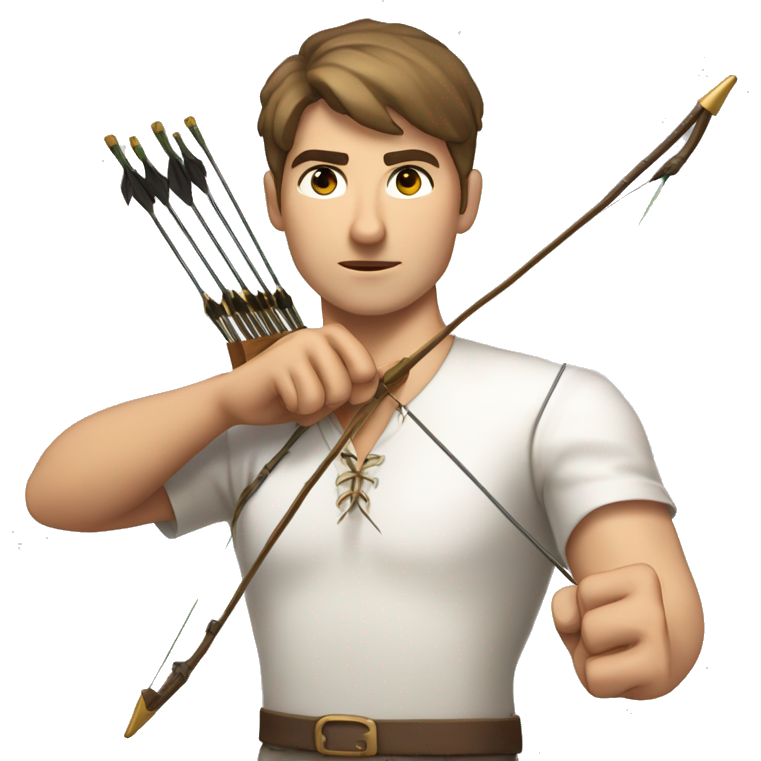 a male archer aiming with a bow facing his target, eyes closed, wearing ...
