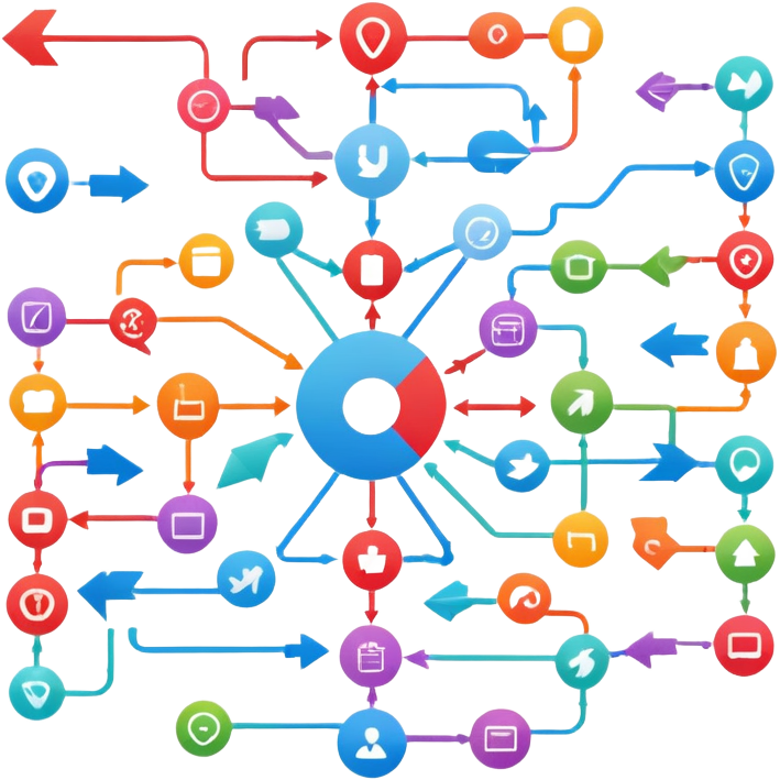 colorful flowchart diagram with many arrows connecting icons Sticker