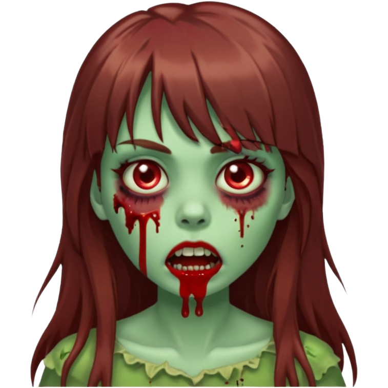 zombie girl, with long brown hair and bangs, green skin and blood in ...